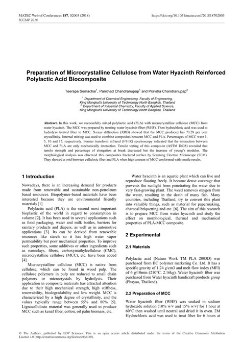 Pdf Preparation Of Microcrystalline Cellulose From Water Hyacinth Reinforced Polylactic Acid