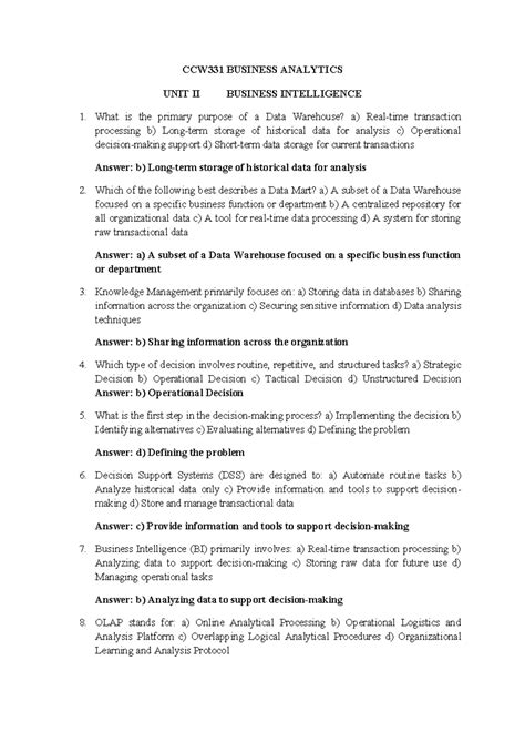 Unit 2 Mcq Ccw331 Business Analytics Unit Ii Business Intelligence What Is The Primary