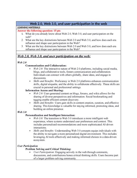 Learning Material Web 20 Web 30 And User Participation In The Web Web 2 Web 3 And User