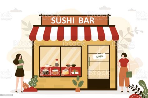 귀여운 여성들이 아시아 요리를 곁들인 카페에 왔습니다 스시 바 건물의 외관 일본 레스토랑 의 문에 공개적으로 걸려 있는 표지판 스시 바에 대한 스톡 벡터 아트 및 기타