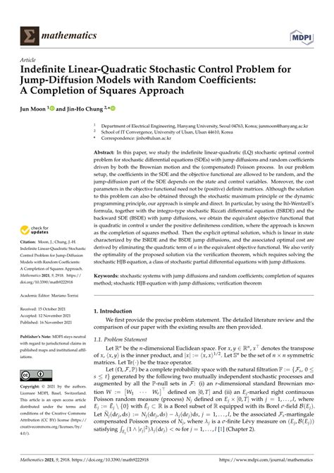 PDF Indefinite Linear Quadratic Stochastic Control Problem For Jump Diffusion Models With