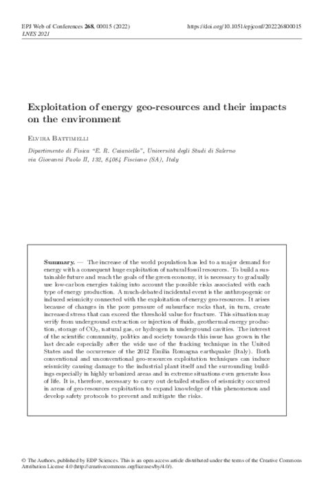 Pdf Exploitation Of Energy Geo Resources And Their Impacts On The Environment