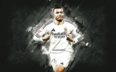 다운로드 Kylian Mbappe 흰색 돌 배경 레알 마드리드 프랑스 축구 선수 세계 축구 스타 Kylian Mbappe 목표 축하 La Liga 스페인 축구