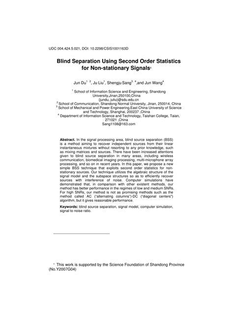 Pdf Blind Separation Using Second Order Statistics For Non Stationary