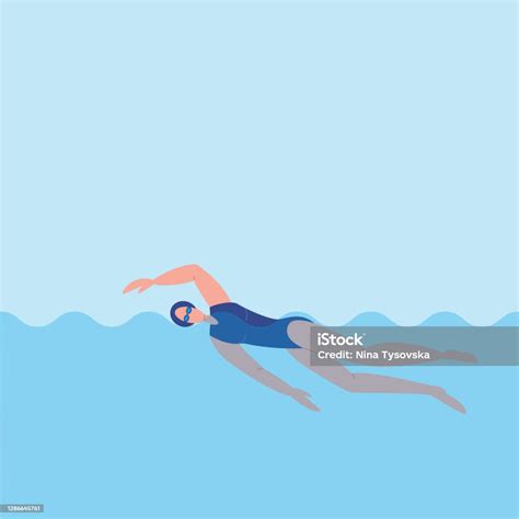 수영 여자는 파란색 수영복을 착용했다 플랫 벡터 그림입니다 건강한 생활방식에 대한 스톡 벡터 아트 및 기타 이미지 건강한