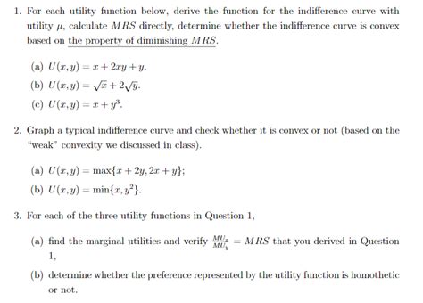 1 For Each Utility Function Below Derive The