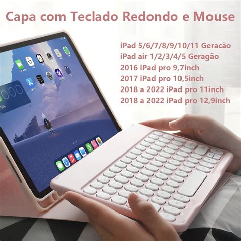 Capa Com Teclado Redondo E Mouse Ipad 5 6 7 8 9 10 11 Geração Ipad Air 1 2 3 4 5 Ipad Pro 97