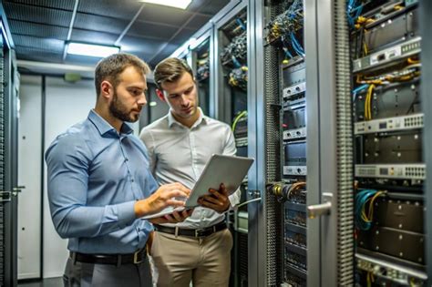 Computer Center Men And Data Engineer With Checklist Hardware And