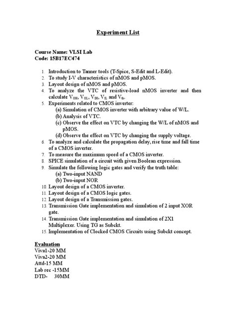 Vlsi Lab Experiment List 2016 Pdf