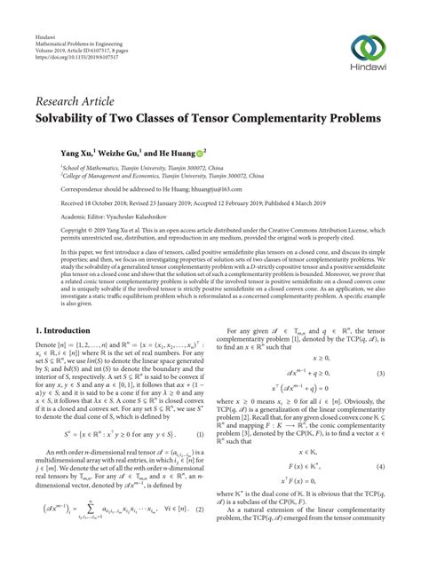 Pdf Solvability Of Two Classes Of Tensor Complementarity Problems