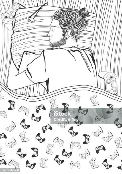 컴퓨터 게임 플레이어 잠자는 남자 게이머 성인과 어린이를위한 색칠 공부 책 페이지 Brand Name Video Game에 대한 스톡 벡터 아트 및 기타 이미지