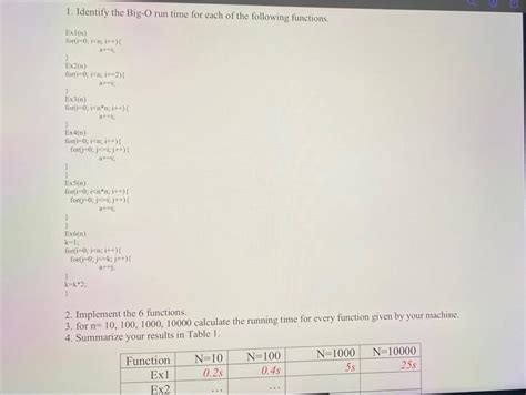 solved 1 identify the big o run time for each of the