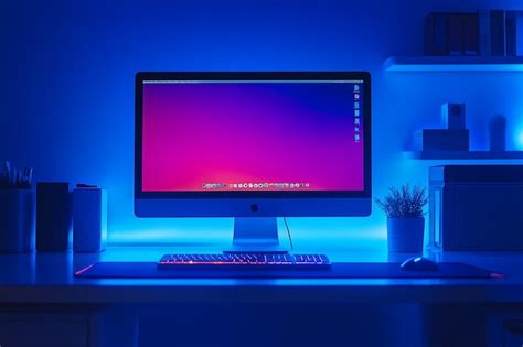Modern Computer Setup With Led Backlighting And Minimalist Desk In Blue