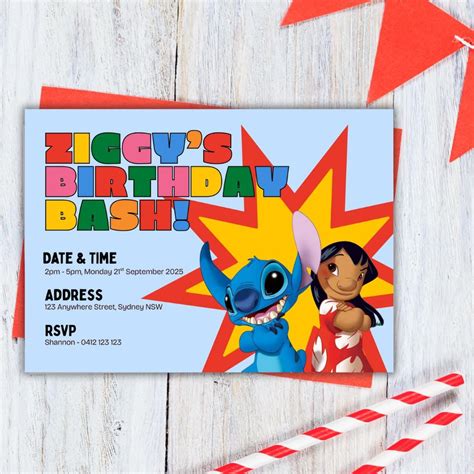 Lilo And Stitch Editable Digital Invitation Colorful Party Template Etsy
