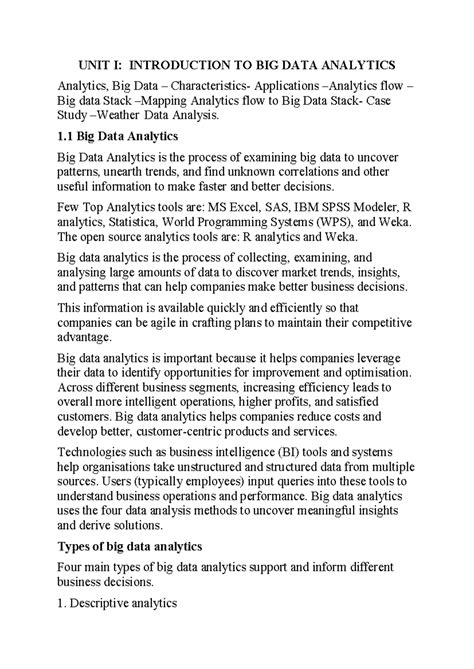 Unit I Introduction To Big Data Analytics Key Concepts And