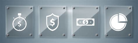 파이 차트 인포그래픽을 설정하고 지폐 현금을 쌓고 달러 기호가 있는 방패를 설정하고 시간은 돈입니다 정사각형 유리 패널 벡터 경영자에 대한 스톡 벡터 아트 및 기타 이미지
