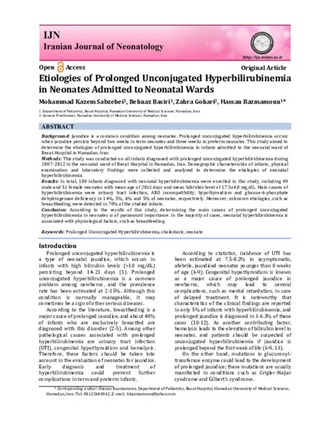 Pdf Etiologies Of Prolonged Unconjugated Hyperbilirubinemia In Neonates Admitted To Neonatal Wards