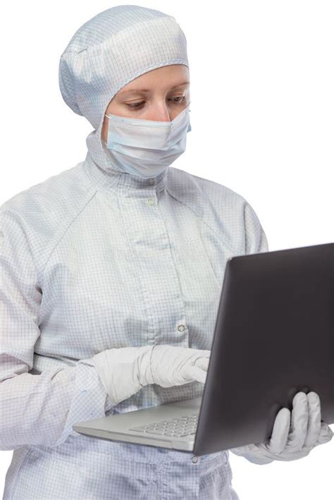 Vertical Portrait Of A Lab Assistant With A Computer On A White Stock Image Image Of