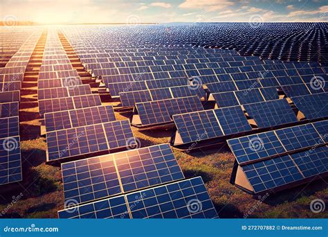Solar Panels On Field Farm With Blue Photovoltaic Cells Generative Ai Stock Illustration