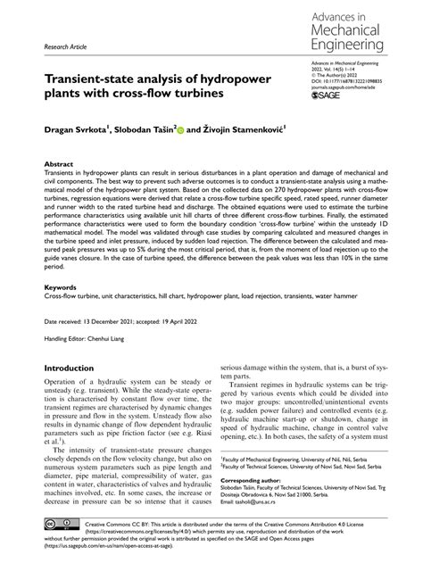 PDF Transient State Analysis Of Hydropower Plants With Cross Flow Turbines