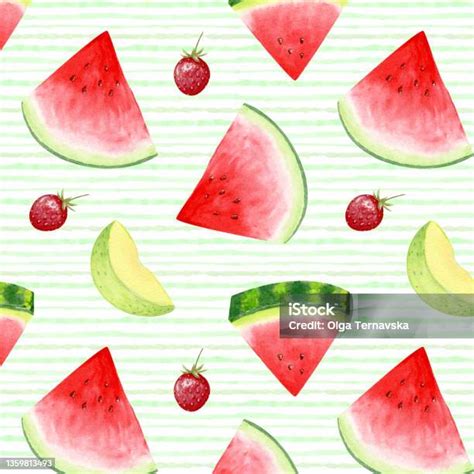 수박 매끄러운 패턴 육즙이 많은 수박 조각이 있는 수채화 패턴 밝은 녹색 줄무늬 배경에 수채화 수박 조각 직물 문구에 대한 여름 디자인 0명에 대한 스톡 벡터 아트 및 기타