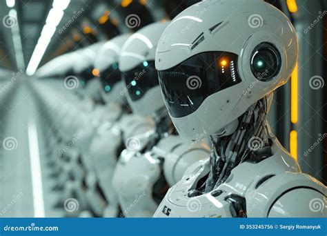Humanoid Robots Stand in Line Awaiting Deployment after Manufacture in a Futuristic Facility ...