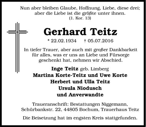 Traueranzeigen Von Gerhard Teitz Trauer In Nrw De