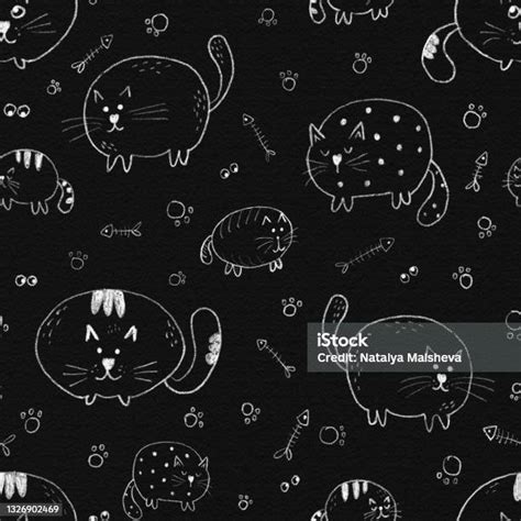 재미있는 고양이와 매끄러운 흑백 패턴 의류 직물 및 기타 품목을위한 디자인 그림은 낙서 스타일로 그려집니다 0명에 대한 스톡 벡터 아트 및 기타 이미지 Istock
