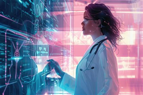 Premium Photo A Woman In A Lab Coat Is Focused On Studying Data Displayed On A Computer Screen