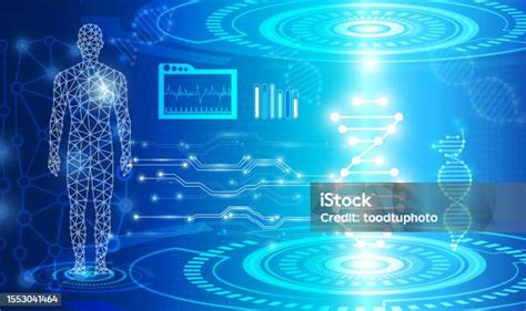파란 빛 두뇌 및 인체 치유에 있는 추상적인 배경 기술 개념 시험 분석 클론 Dna 인간을 가진 미래 및 세계적인 국제 의학에 있는 기술 현대 의학 인공지능에 대한 스톡