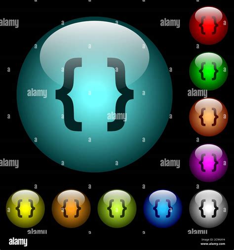 Programming Code Icons In Color Illuminated Spherical Glass Buttons On Black Background Can Be
