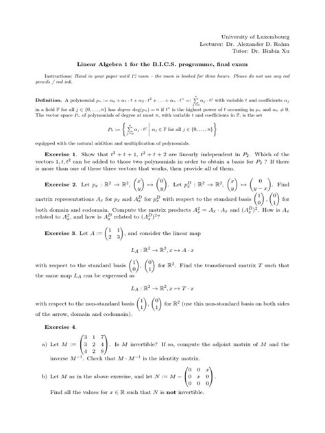 Exam Exercises Pdf Matrix Mathematics Basis Linear Algebra