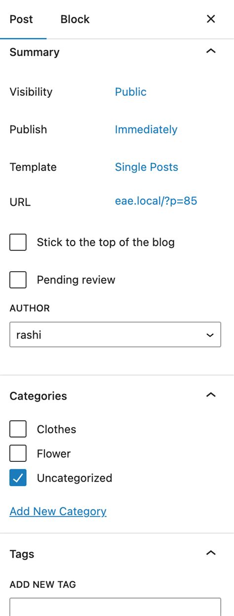 Page Post Settings Sidebar Documentation