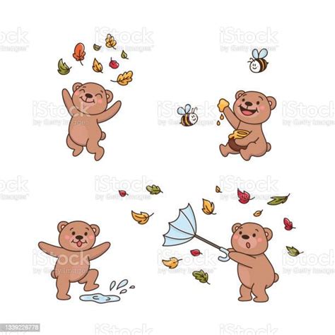 귀여운 테디 베어 세트 곰은 웅덩이와 놀고 가을 잎을 던지고 꿀벌 친구와 꿀을 먹고 우산이 바람을 불어 냅니다 만화 스타일의 유치한 벡터 일러스트레이션 위니 더 푸우에 대한