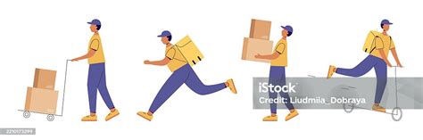 빠르고 무료 배송 서비스 벡터 세트입니다 택배는 소포를 가지고 달리고 킥 스쿠터를 타고 소포 상자를 들고 있습니다 가정과 사무실을 위한 빠른 배송 익스프레스 물류 서비스
