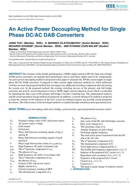 Pdf An Active Power Decoupling Method For Single Phase Dc Ac Dab Converters