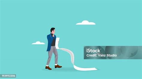 긴 청구서 영수증 용지에 지불 청구서 소득세 또는 비용 긴 청구서 종이 개념 벡터 일러스트 레이 션과 혼란스러워하는 사업가