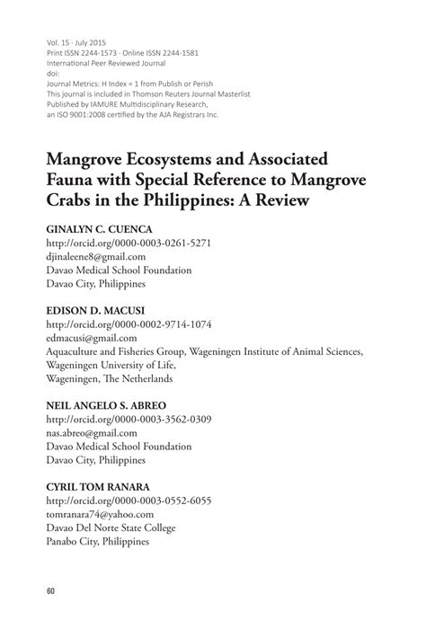 PDF Mangrove Ecosystems And Associated Fauna With Special Reference To Mangrove Crabs In The