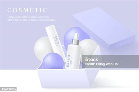 화장품 및 스킨 케어 제품 광고 템플릿은 풍선이 있는 보라색 선물 선물 상자입니다 3차원 형태에 대한 스톡 벡터 아트 및 기타