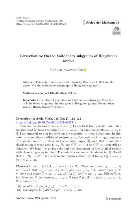 Pdf Correction To On The Finite Index Subgroups Of Houghtons Groups