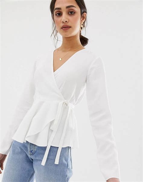 Asos Design Long Sleeve Wrap Top In Linen With Pephem Asos Long