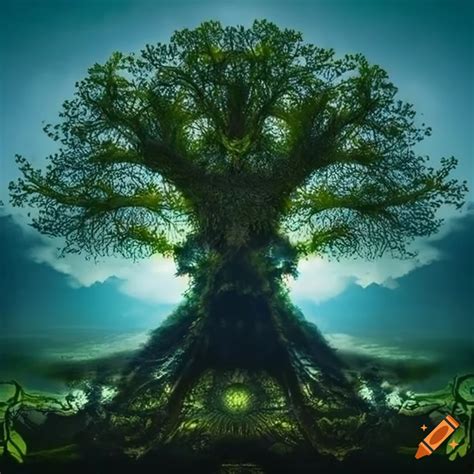 Intricate Tree Like Structure With Luminous Leaves In A Serene