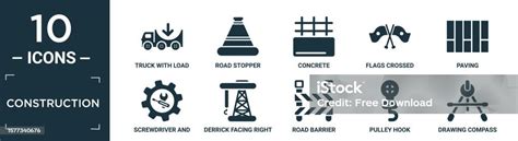 채워진 건설 아이콘이 설정되었습니다 짐 도로 스토퍼 콘크리트 깃발 교차 포장 스크루 드라이버 및 도블 렌치 오른쪽을 향한 데릭 도로 장벽 도르래 후크 그림이있는 평평한