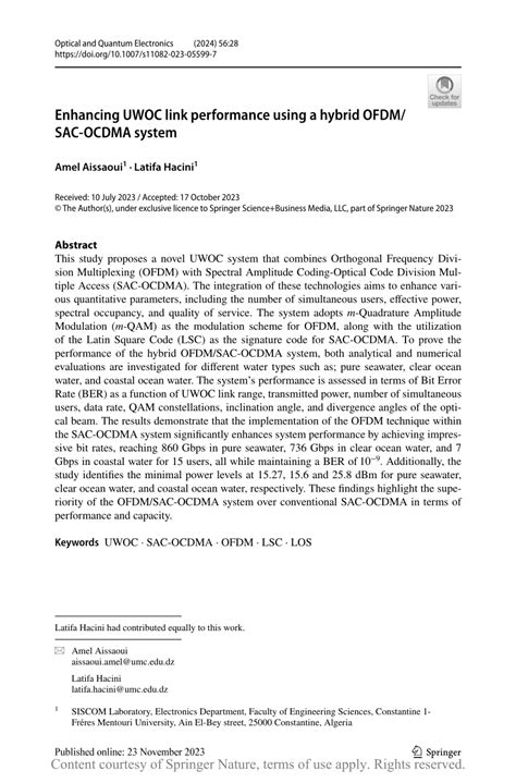 Enhancing Uwoc Link Performance Using A Hybrid Ofdm Sac‑ocdma System Request Pdf