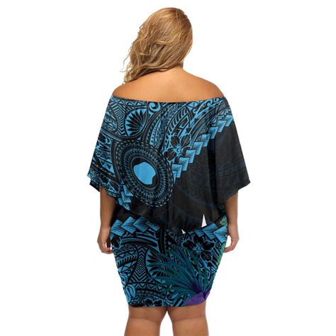 Blue Nauru Off Shoulder Short Dress Naoero Map With Polynesian Tropical