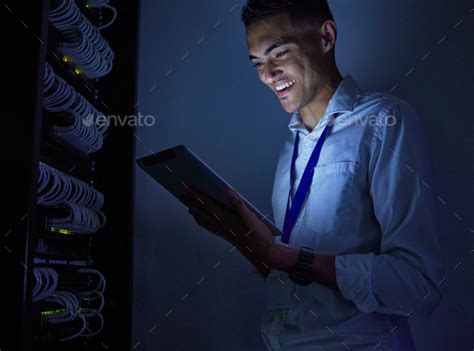 Man Engineering And Tablet In Data Center Or Server Room Inspection System Solution Or