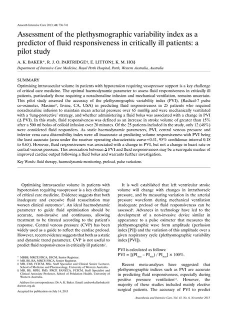 Pdf Assessment Of The Plethysmographic Variability Index As A Predictor Of Fluid