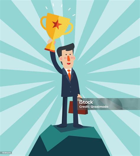 성공 미소 행복 한 젊은 사업가 산 꼭대기에 서 서 하 고 우승 트로피를 들고 1위에 대한 스톡 벡터 아트 및 기타 이미지 1위 경쟁 고용과 노동 Istock