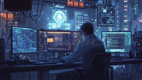 A Man Sits In Front Of Multiple Computer Monitors Each Displaying Different Data Stock