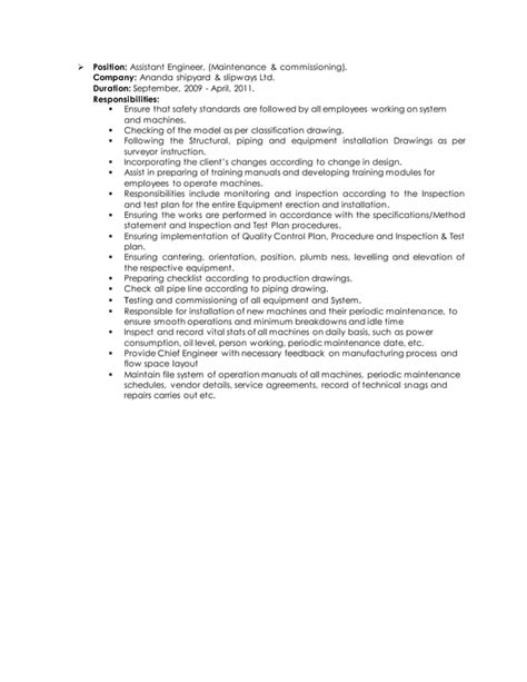 Assistant Engineer Maintenance And Commissioning Docx Civil Engineering Industry Industries